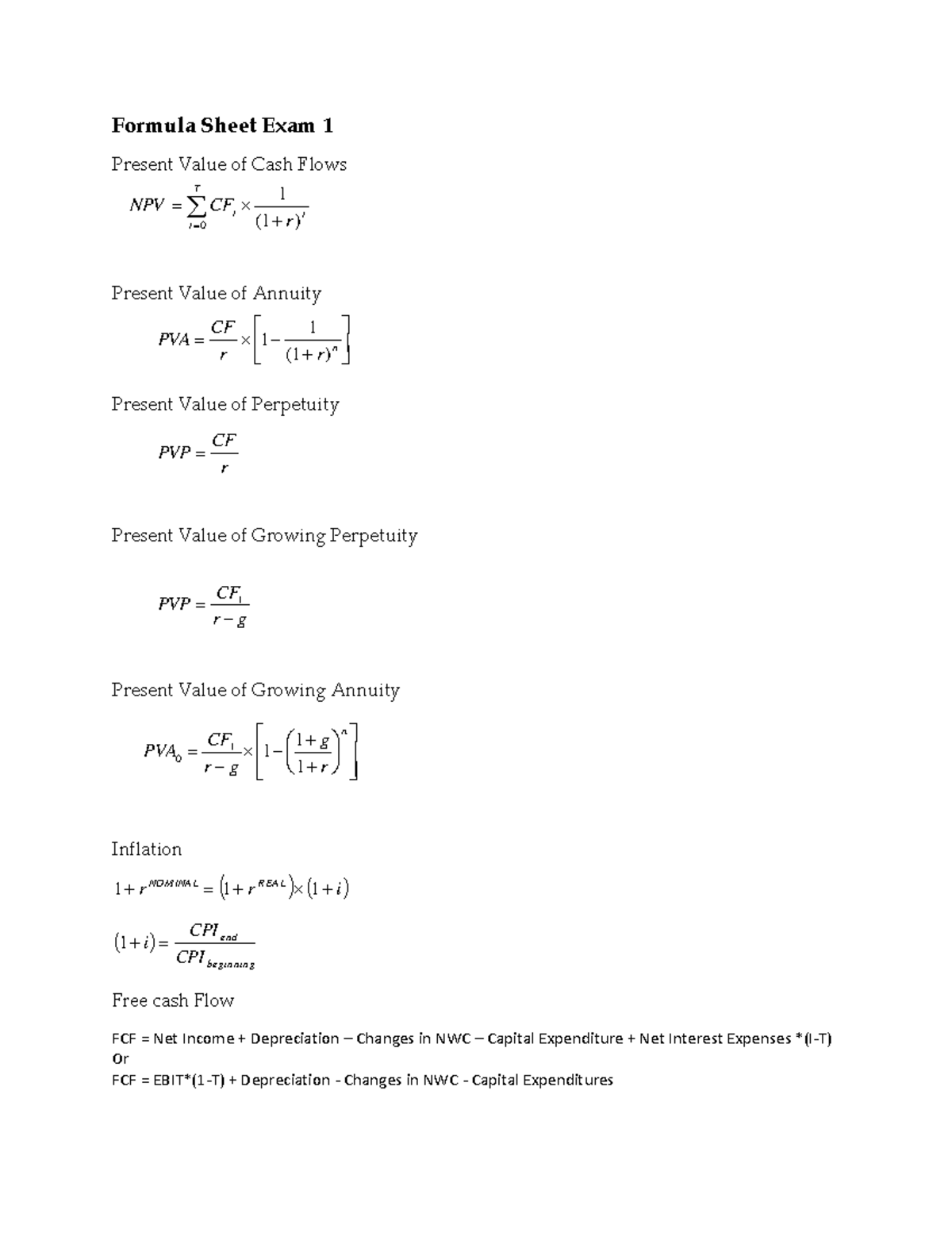 Formula Sheet Exam 1 - Studocu