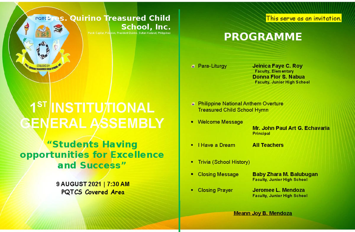 1ST Institutional General Assembly - Pres. Quirino Treasured Child ...