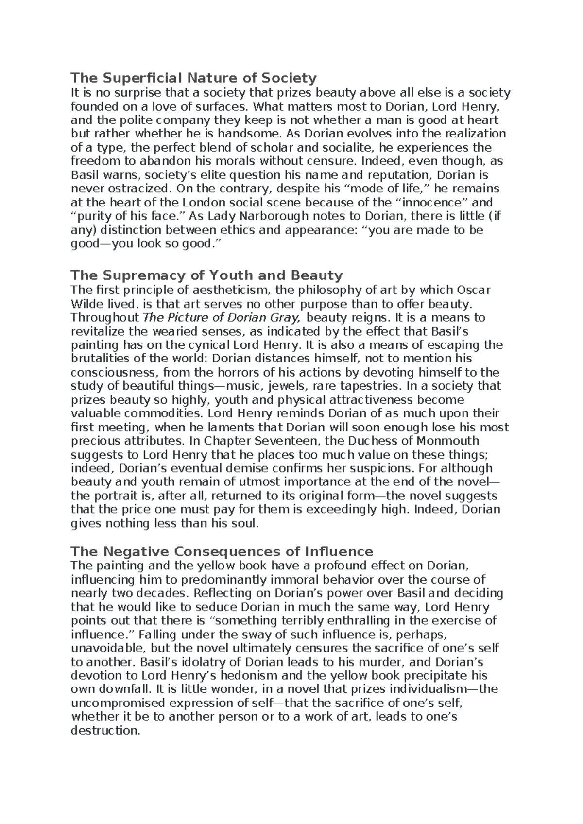 The Superficial Nature of Society - What matters most to Dorian, Lord ...