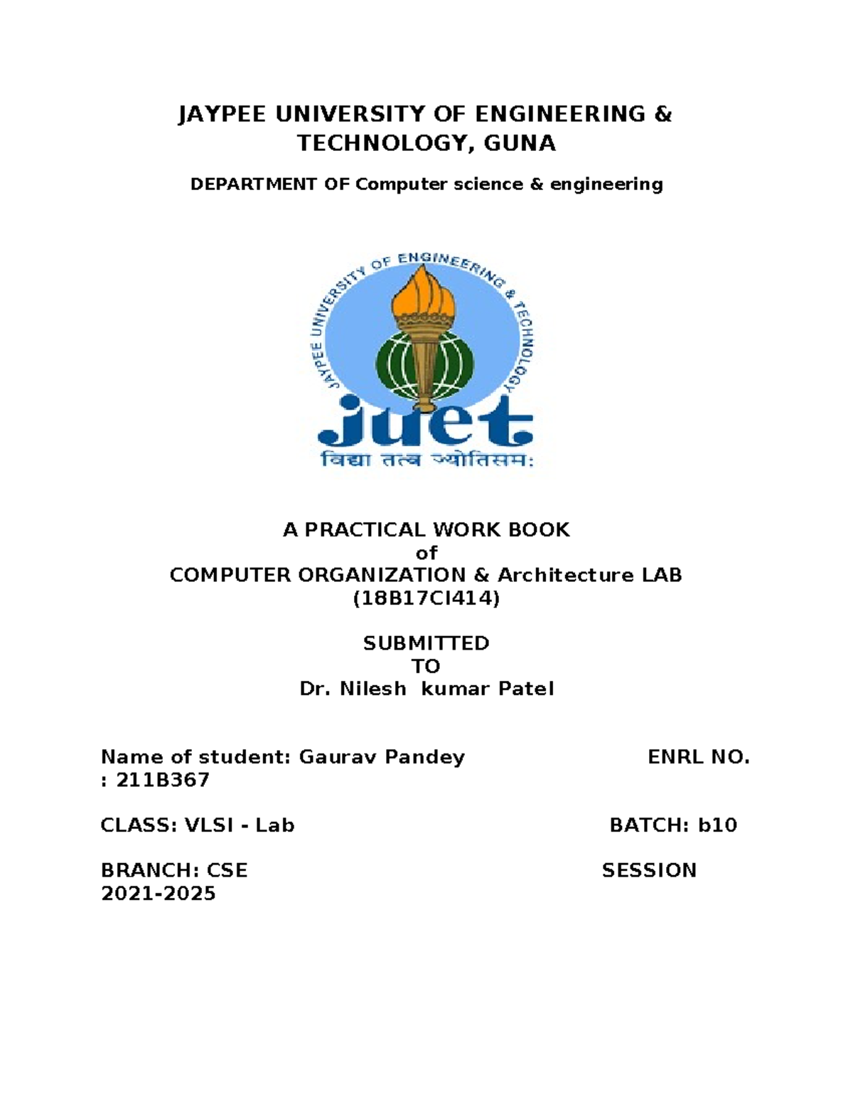 practical workbook - JAYPEE UNIVERSITY OF ENGINEERING & TECHNOLOGY ...