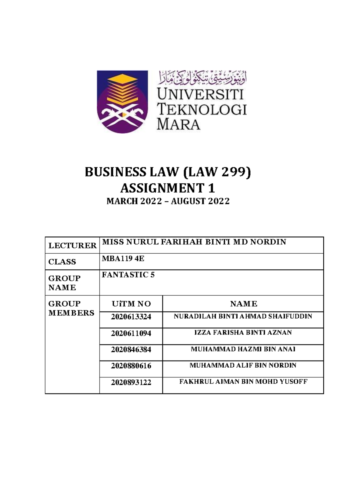 Fantastic 5 BA 1194 E assignment 1 - BUSINESS LAW (LAW 299) ASSIGNMENT ...