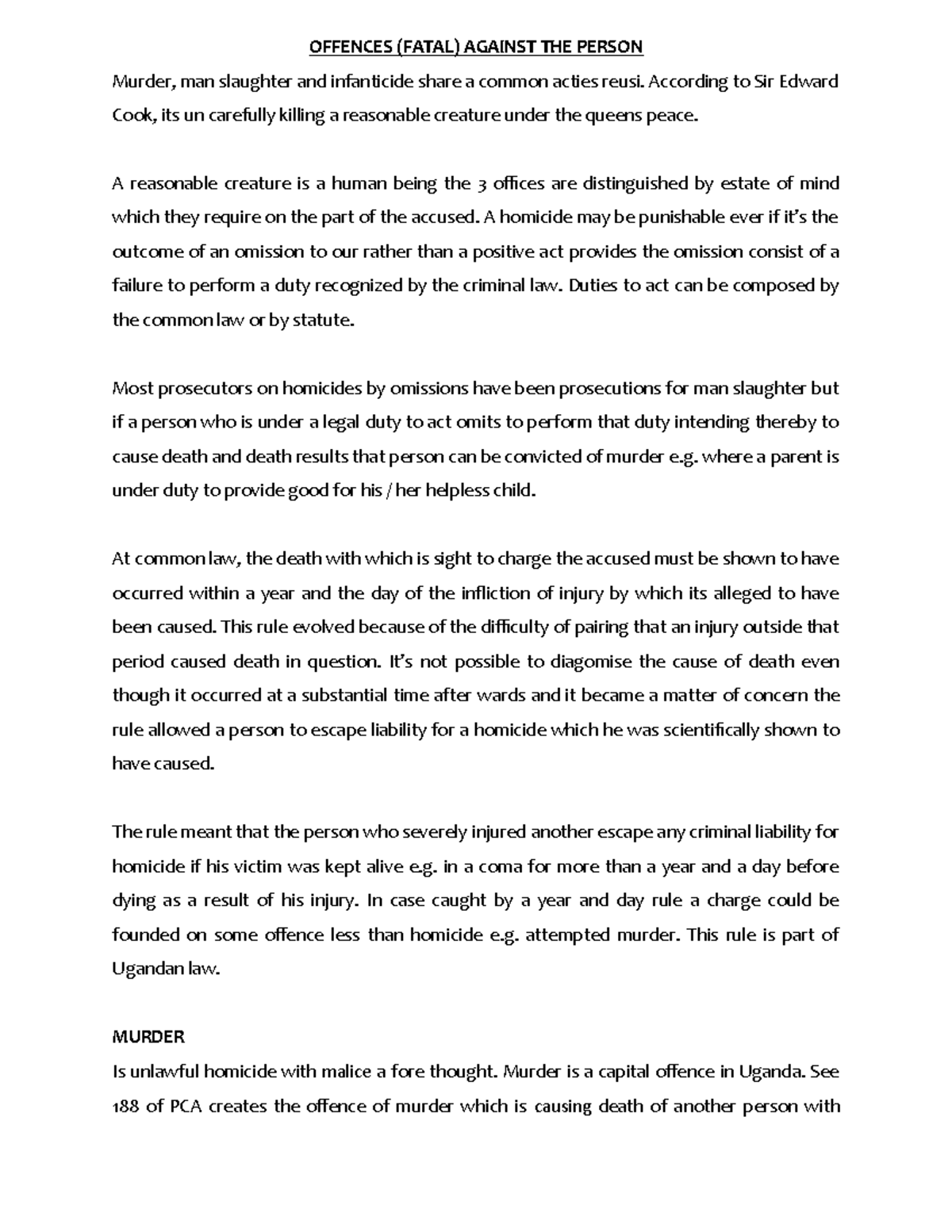Criminal law 2 offences - OFFENCES (FATAL) AGAINST THE PERSON Murder ...
