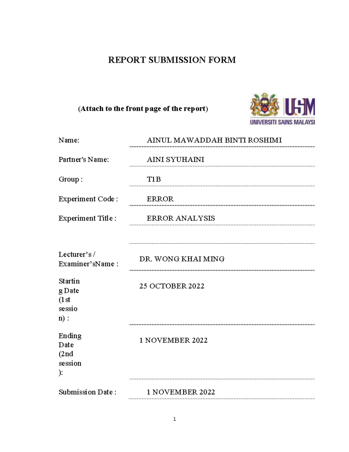 Error Analysis - ZCT193 - Semester 1 - REPORT SUBMISSION FORM (Attach ...