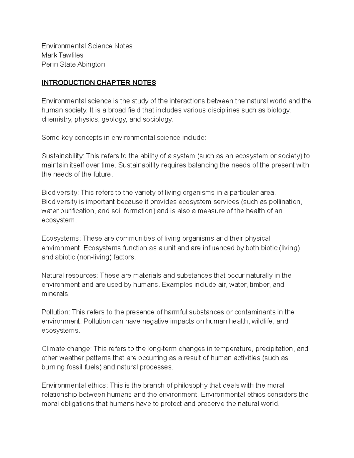 EVS Notes - Environmental Science Notes Mark Tawfiles Penn State ...