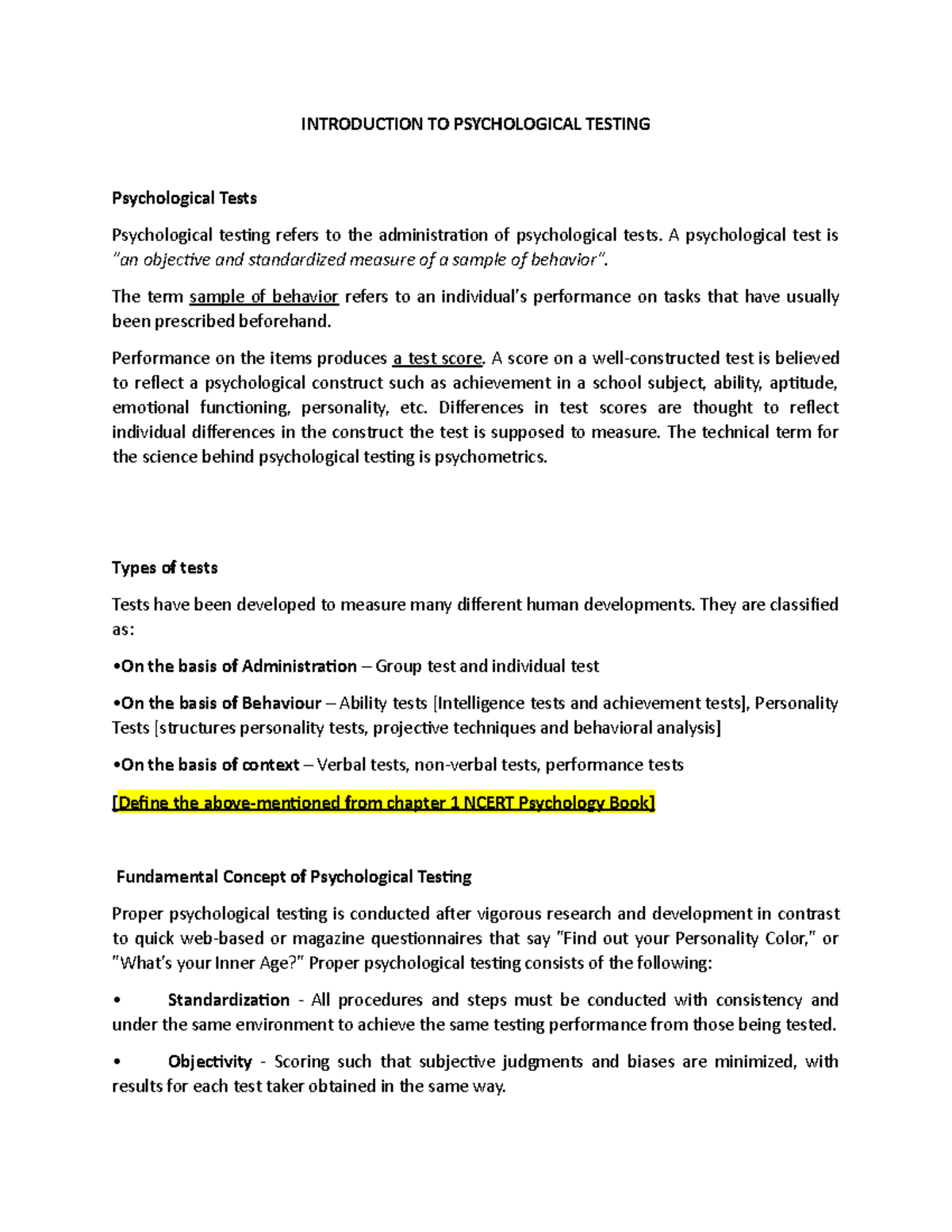 Introduction to psychological testing - INTRODUCTION TO PSYCHOLOGICAL ...