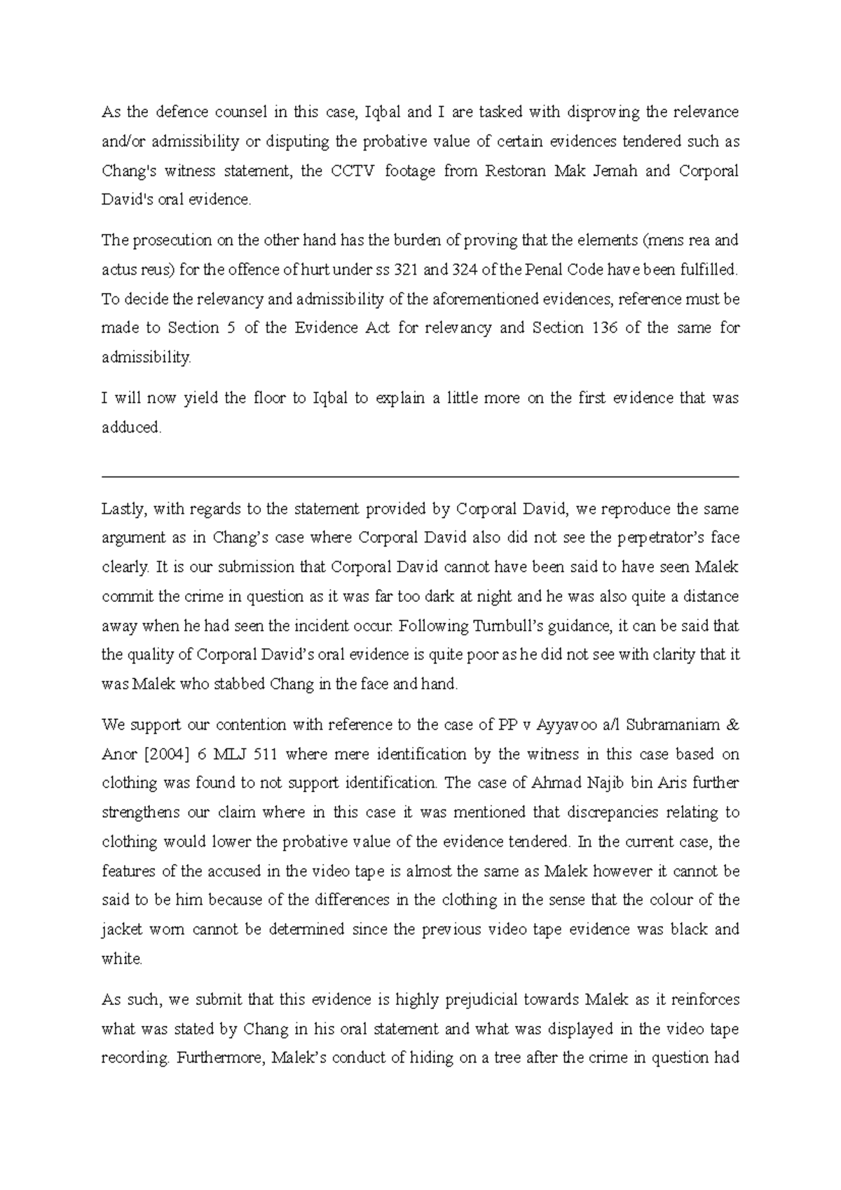 Tutorial 1 Script - Evidence Tuto 1 (Dr Rizal) - As the defence counsel ...