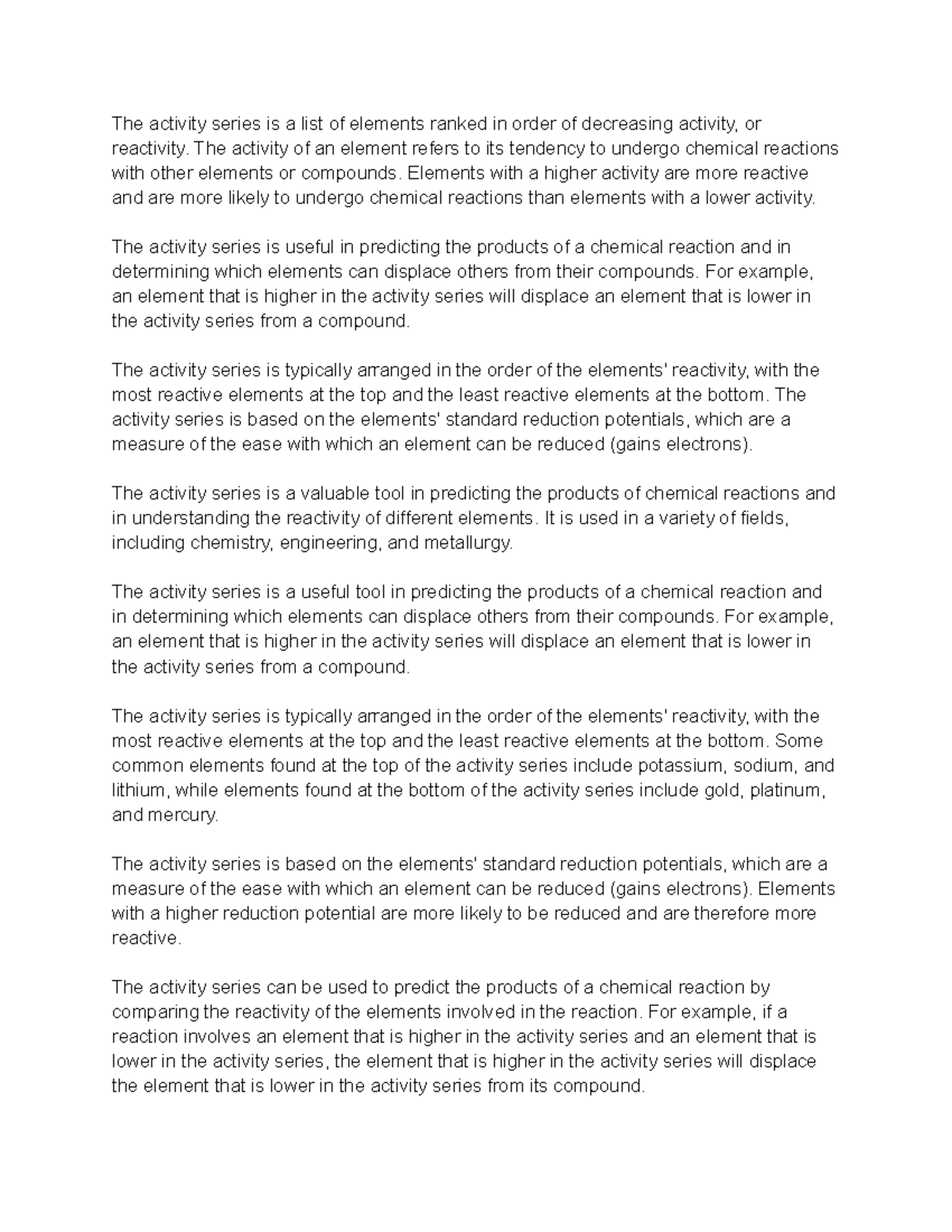 Activity series - The activity of an element refers to its tendency to ...