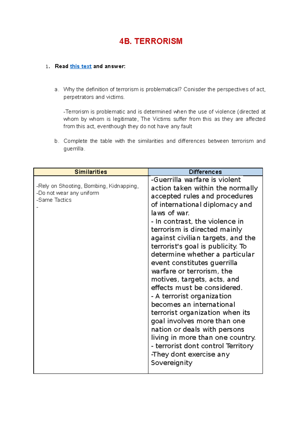 4B. Terrorism worksheet - Done - 4B. TERRORISM 1. Read this text and ...