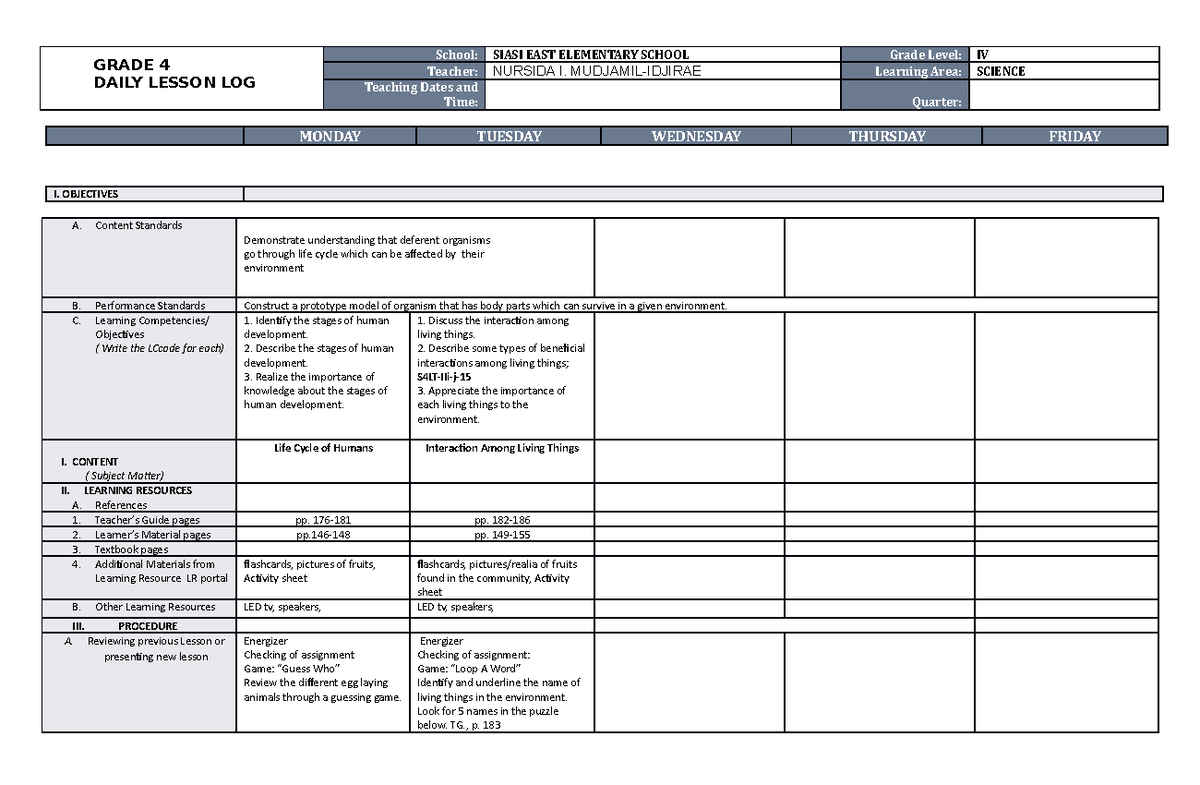 DLL Science 4 Q2 W10 - How you formulate dll - GRADE 4 DAILY LESSON LOG ...