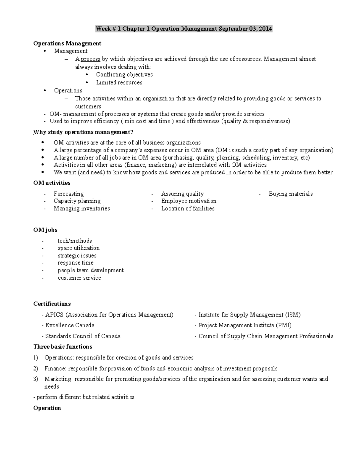 Lecture notes, Operations Management, Lecture Week 1-3 - Prof. Wally ...