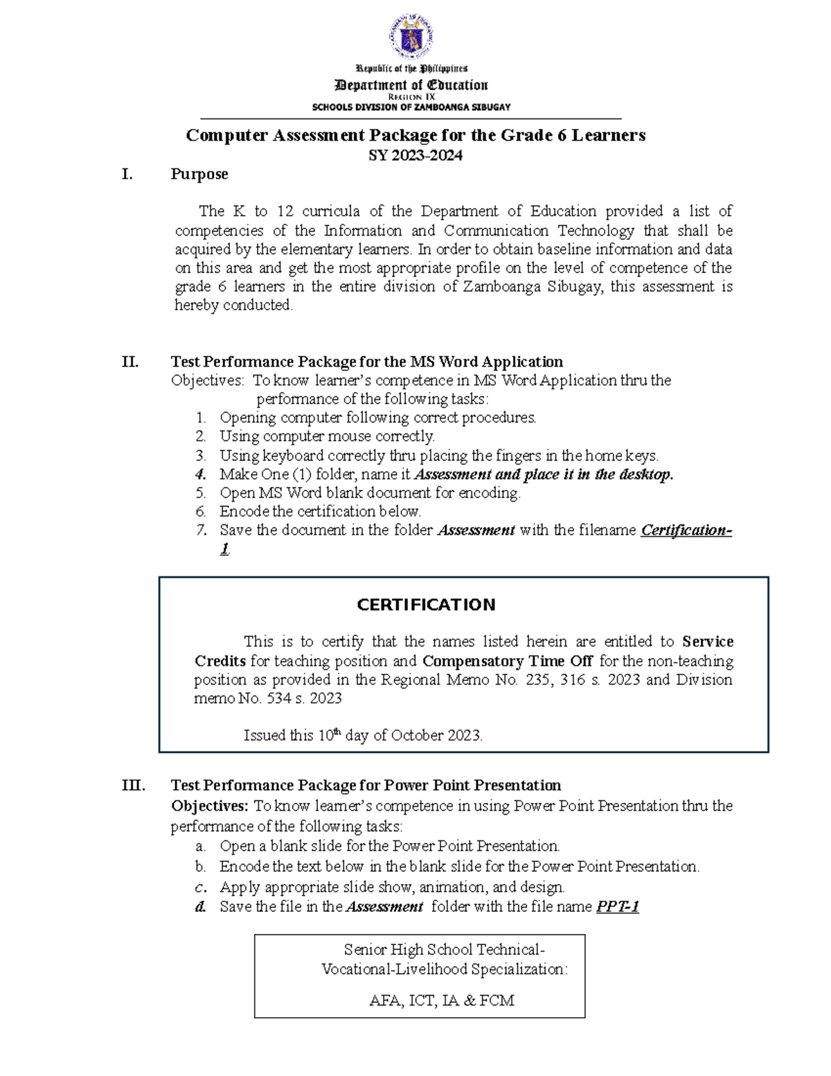 Computer Assessment Package for the Grade 6 Learners - Purpose The K to ...