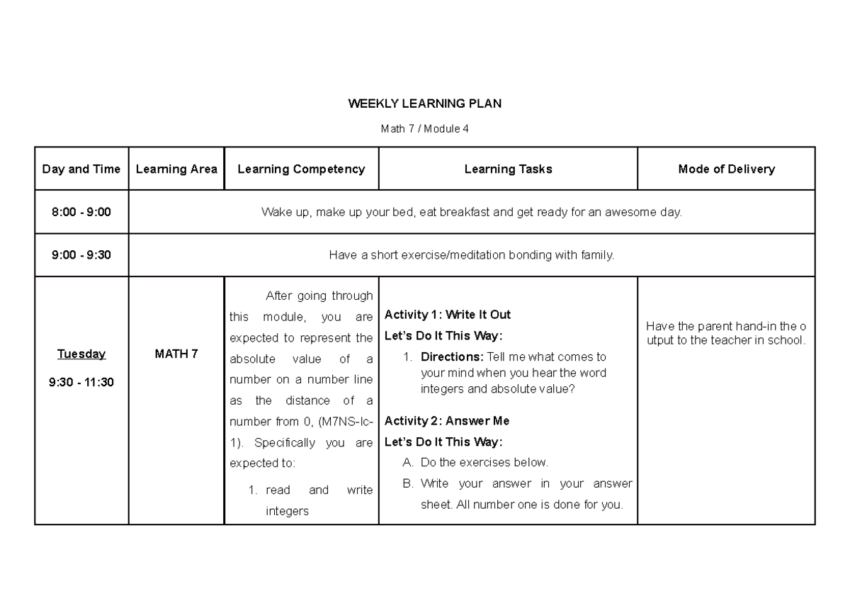 Weekly HOME Learning PLAN Math 7 - WEEKLY LEARNING PLAN Math 7 / Module ...