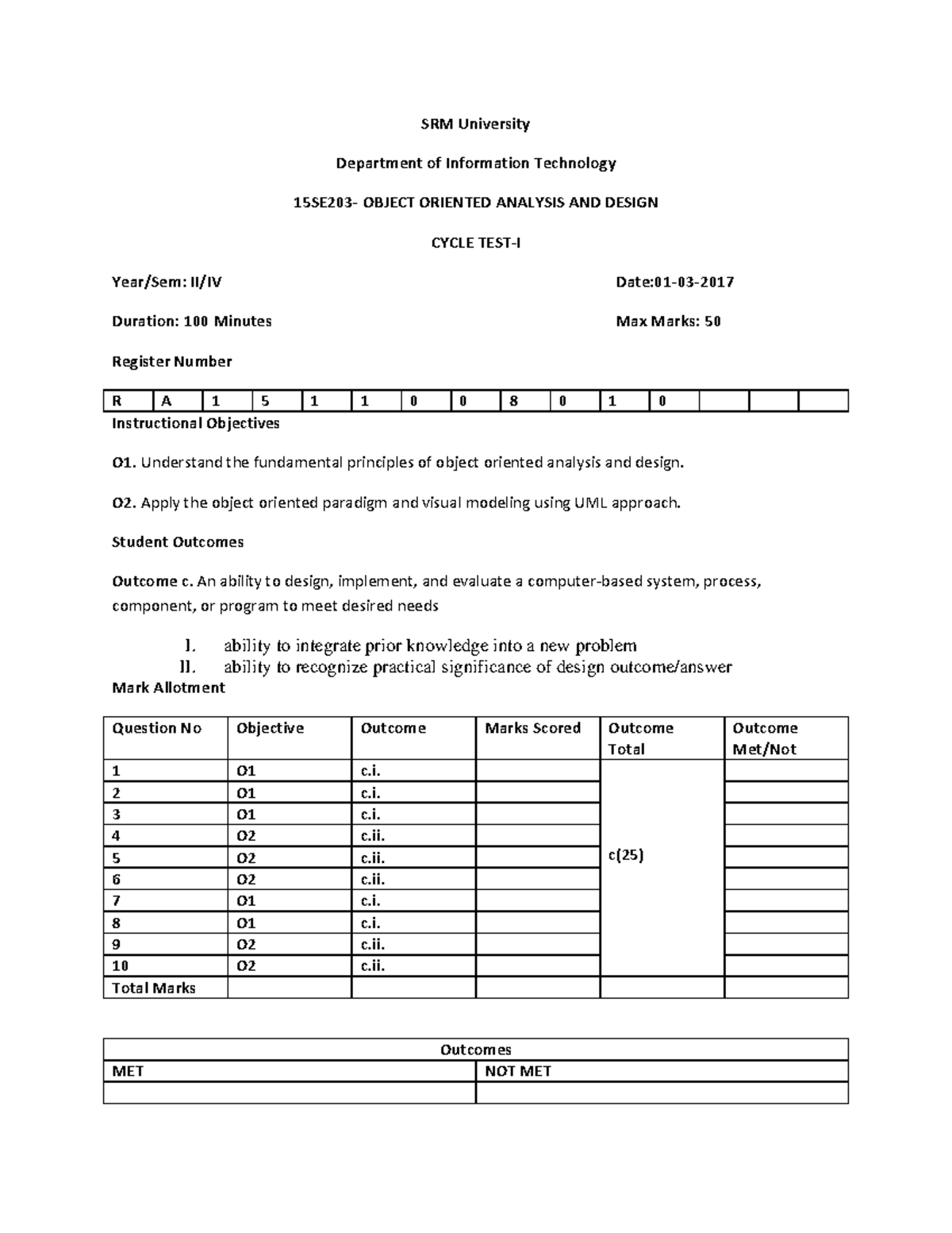 CT-1 Object Oriented Analysis AND Design 1-CT1 - SRM University ...
