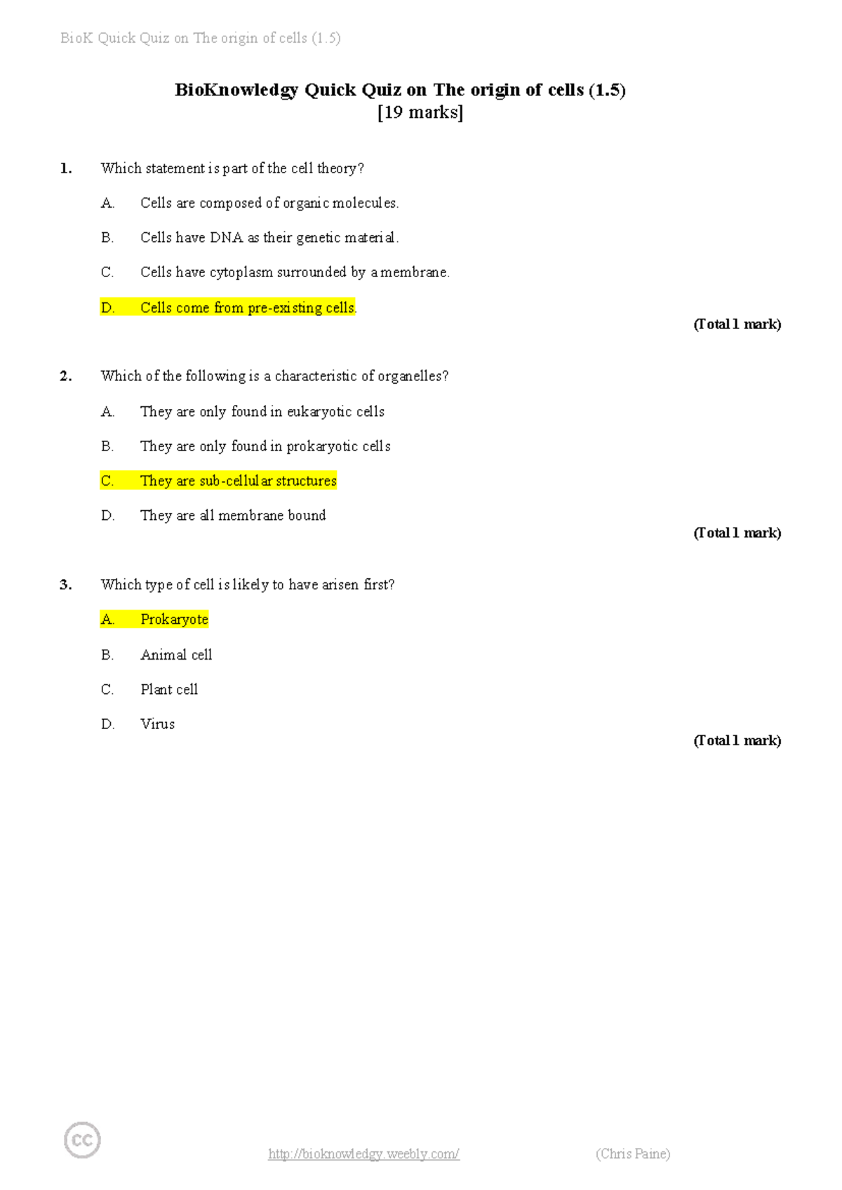 50132016 7 Biok Qq 1 5 Qp Key - BioK Quick Quiz on The origin of cells ...