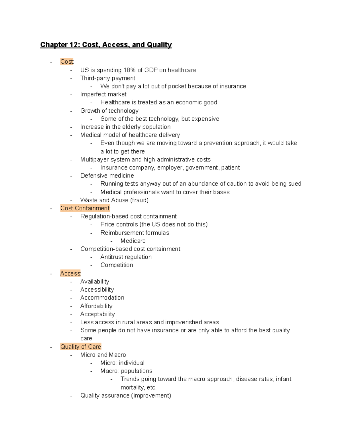 Chapter 12 USGH - Dr. Howley - Chapter 12: Cost, Access, and Quality ...