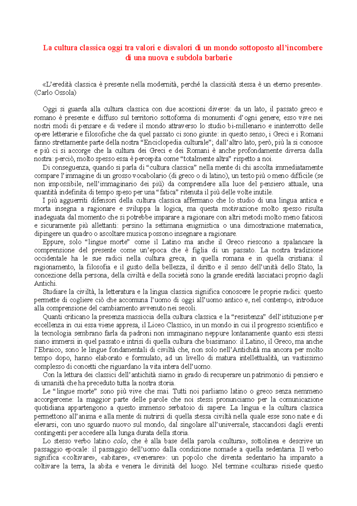 La cultura classica - Italiano - Studocu