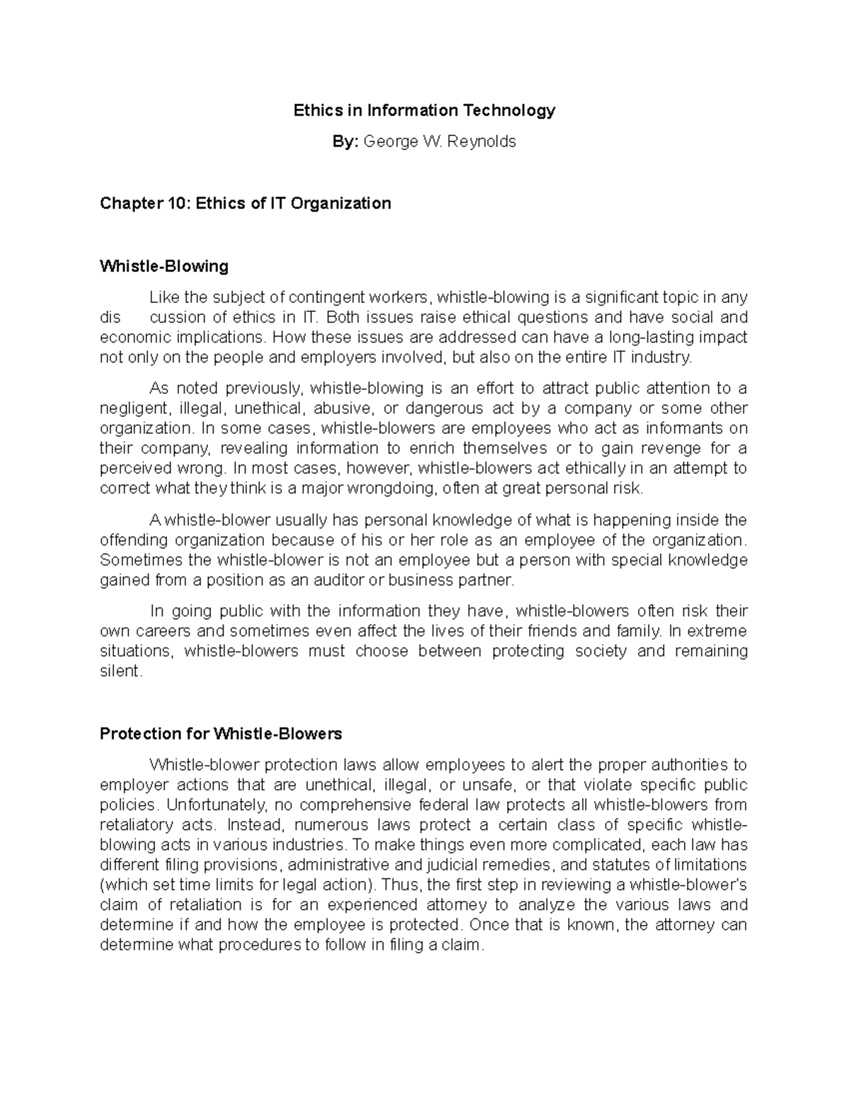 Ethics of IT organization whistle-blowing - Ethics in Information Technology By: George W ...