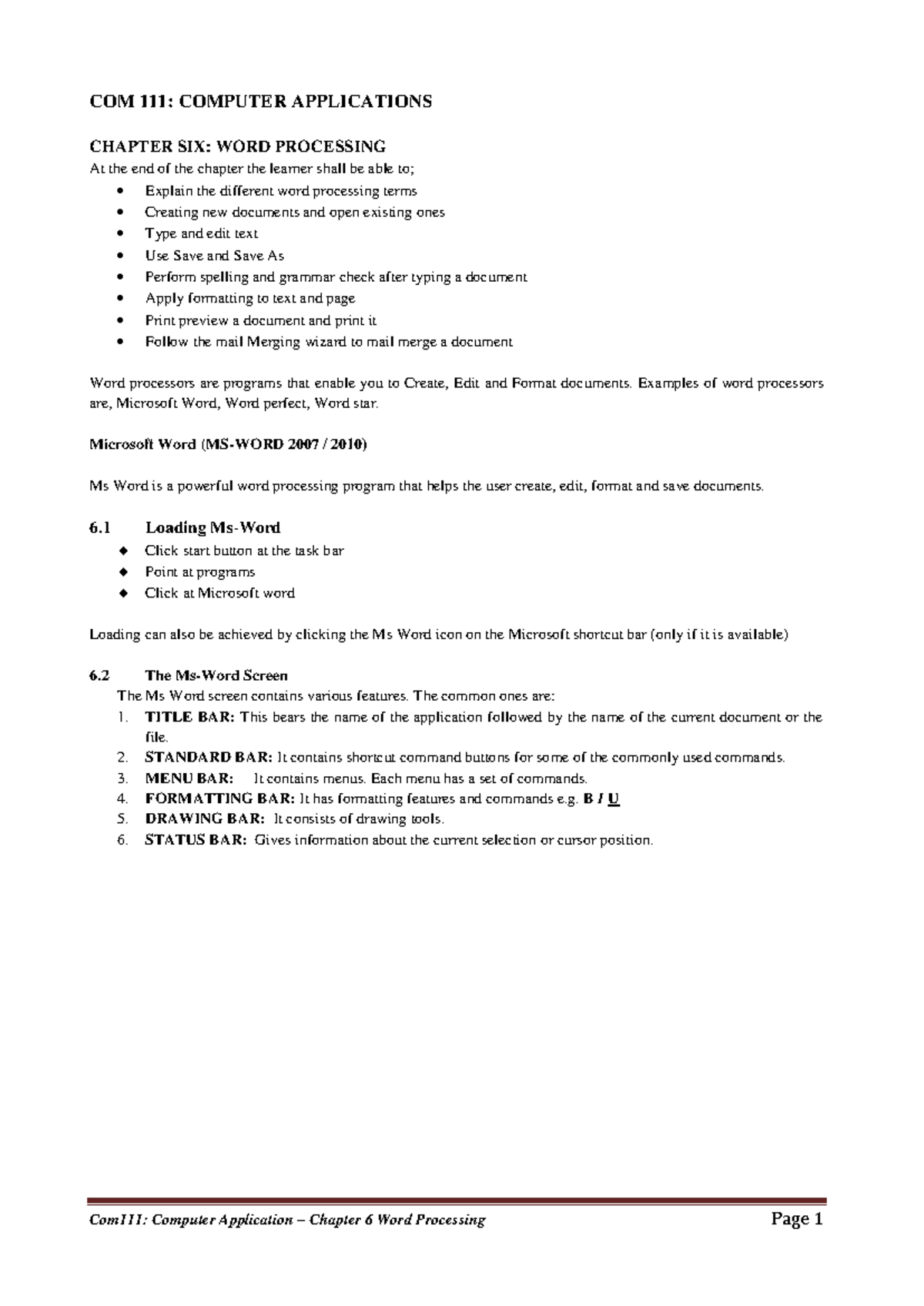 Chapter 6 - Word Processing - COM 111: COMPUTER APPLICATIONS CHAPTER ...