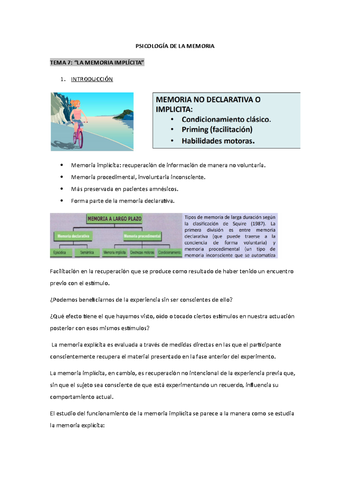 Tema 7 memoria - PSICOLOGÍA DE LA MEMORIA TEMA 7: “LA MEMORIA IMPLÍCITA ...