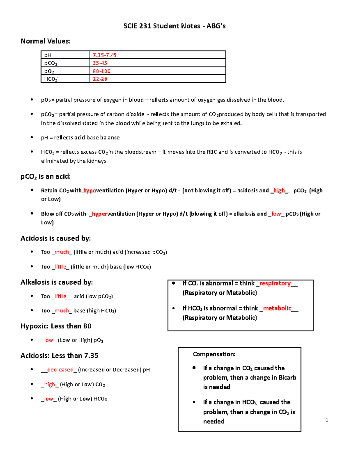 ABG & Endocrine Students Notes Packet Spring 2020 - SCIE 231 Student ...