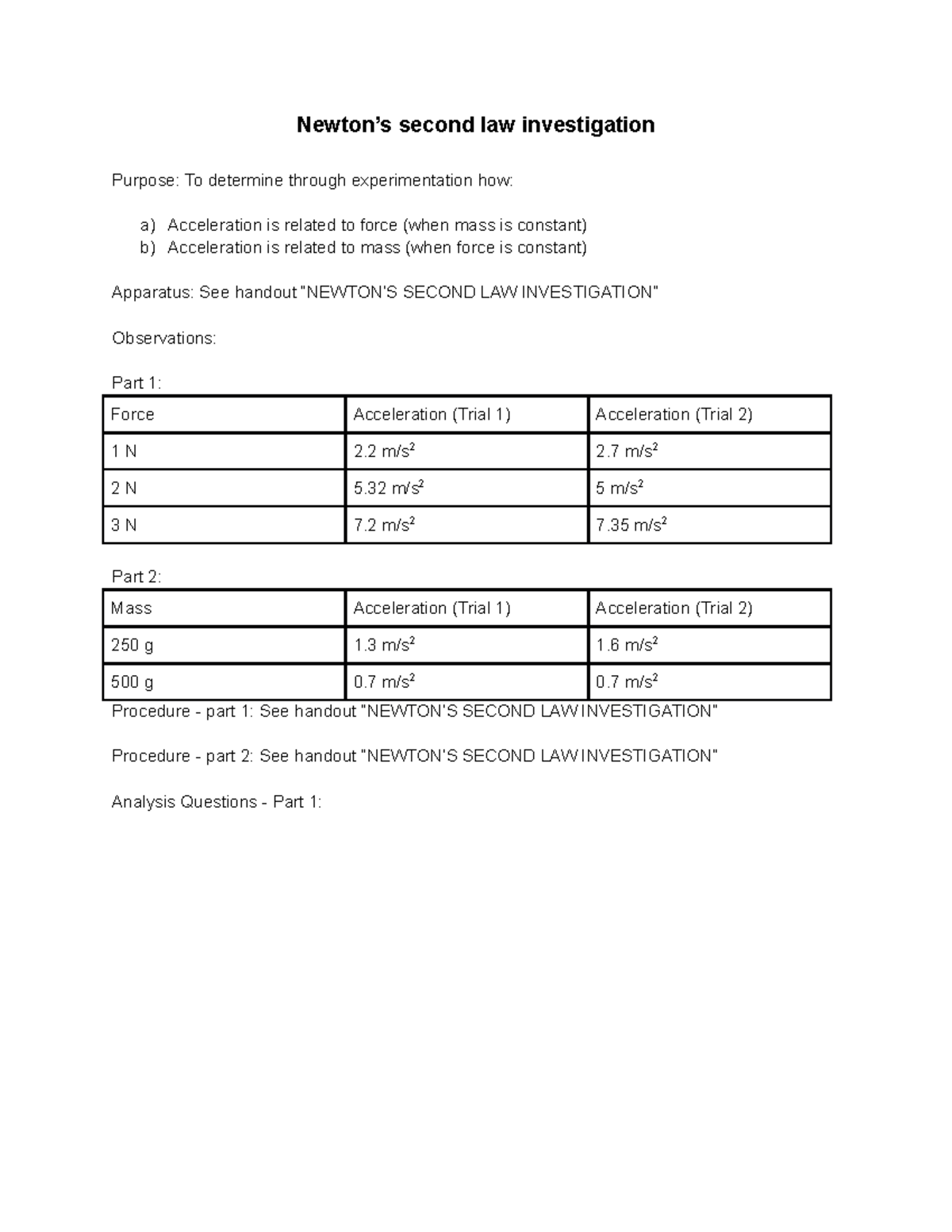 Newton's second law investigation - Newton’s second law investigation ...