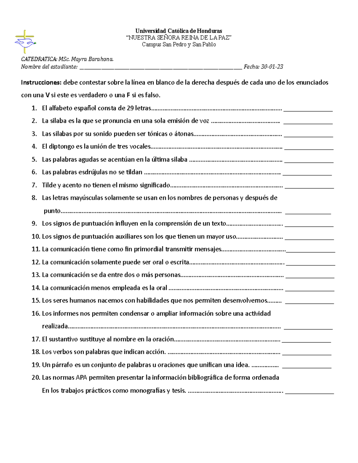 Prueba Diagnostica DE Español - Universidad Católica de Honduras ...