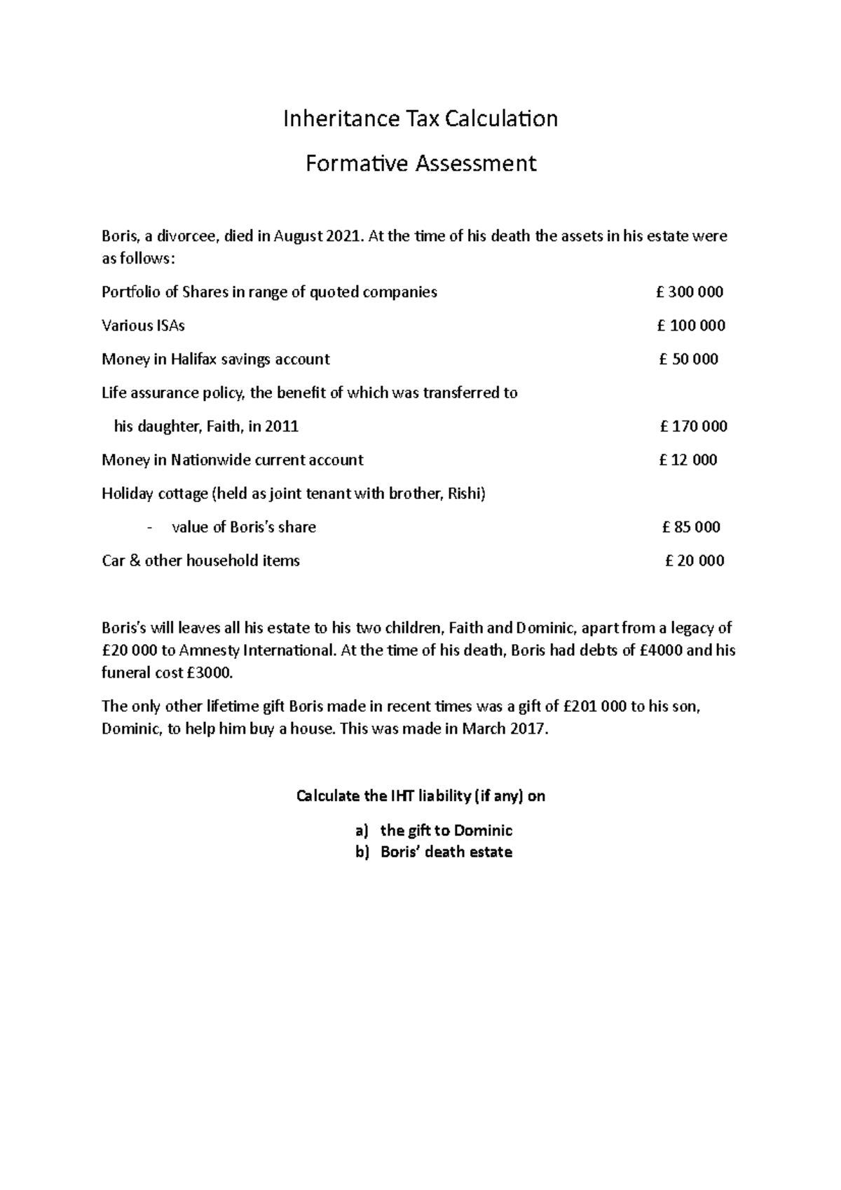IHT Formative Calculation with Answer - Inheritance Tax Calculation ...