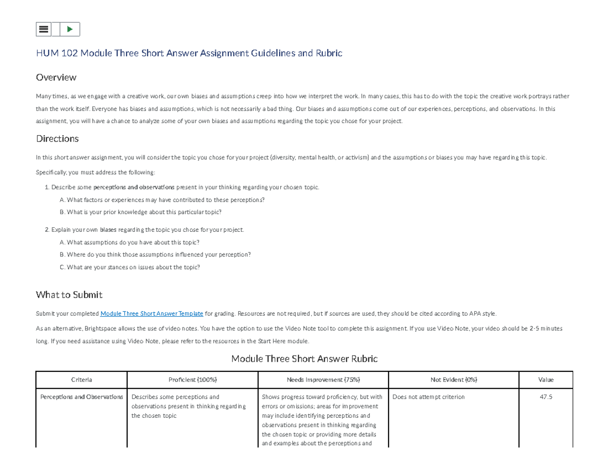 Module Three Short Answer Assignment Guidelines and Rubric - In many ...