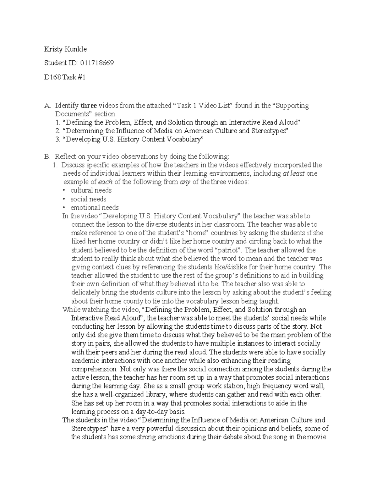 Passed D168 Task 1 - Kristy Kunkle Student ID: 011718669 D168 Task # A ...
