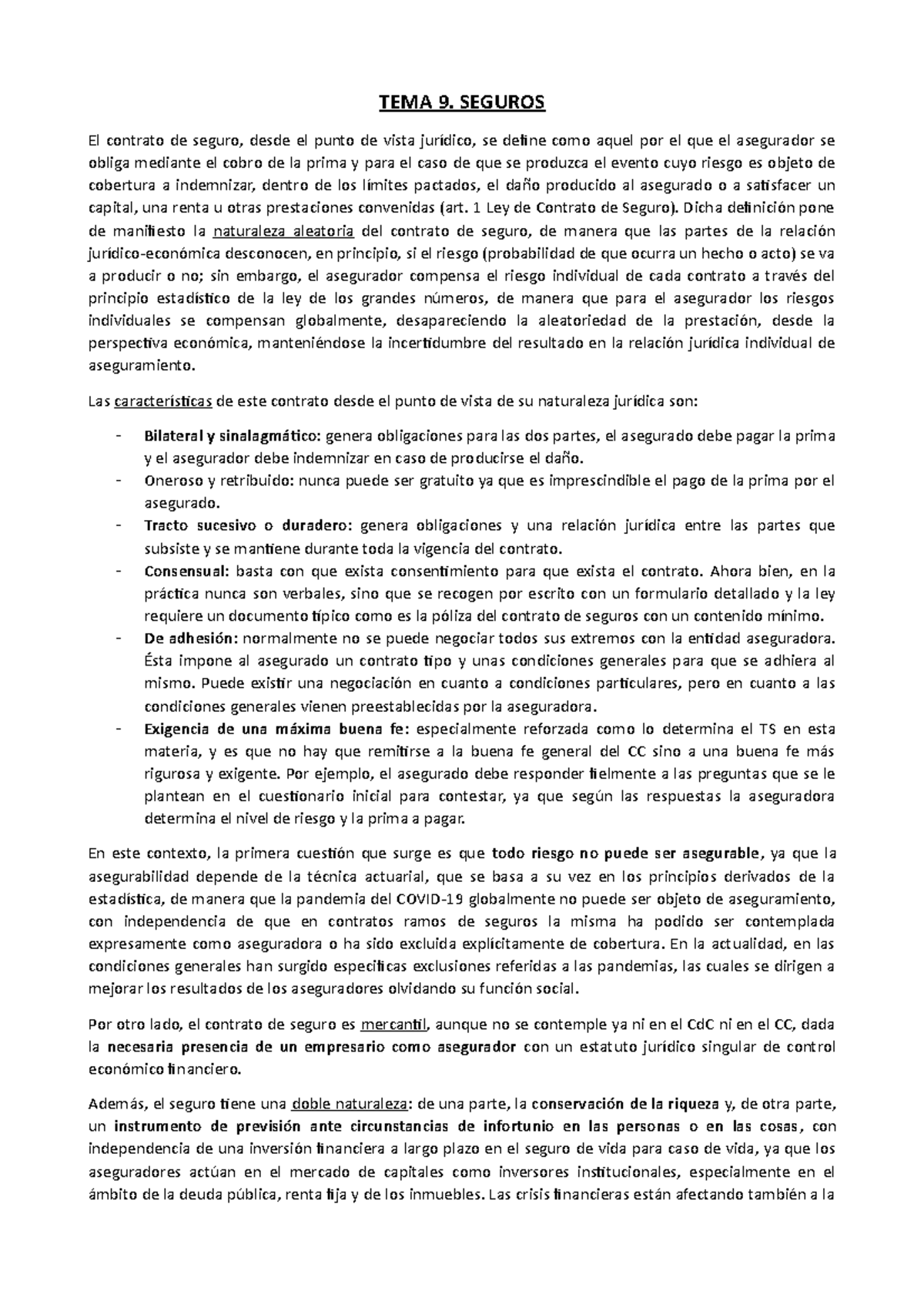 Tema 9. Seguros - TEMA 9. SEGUROS El contrato de seguro, desde el punto ...