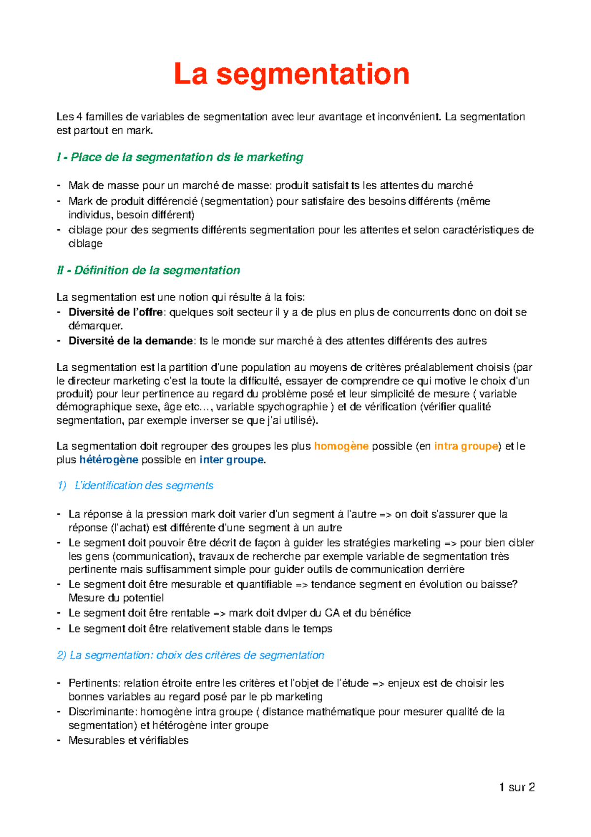 Marketing C2 - Notes de cours 2 - La segmentation Les 4 familles de ...