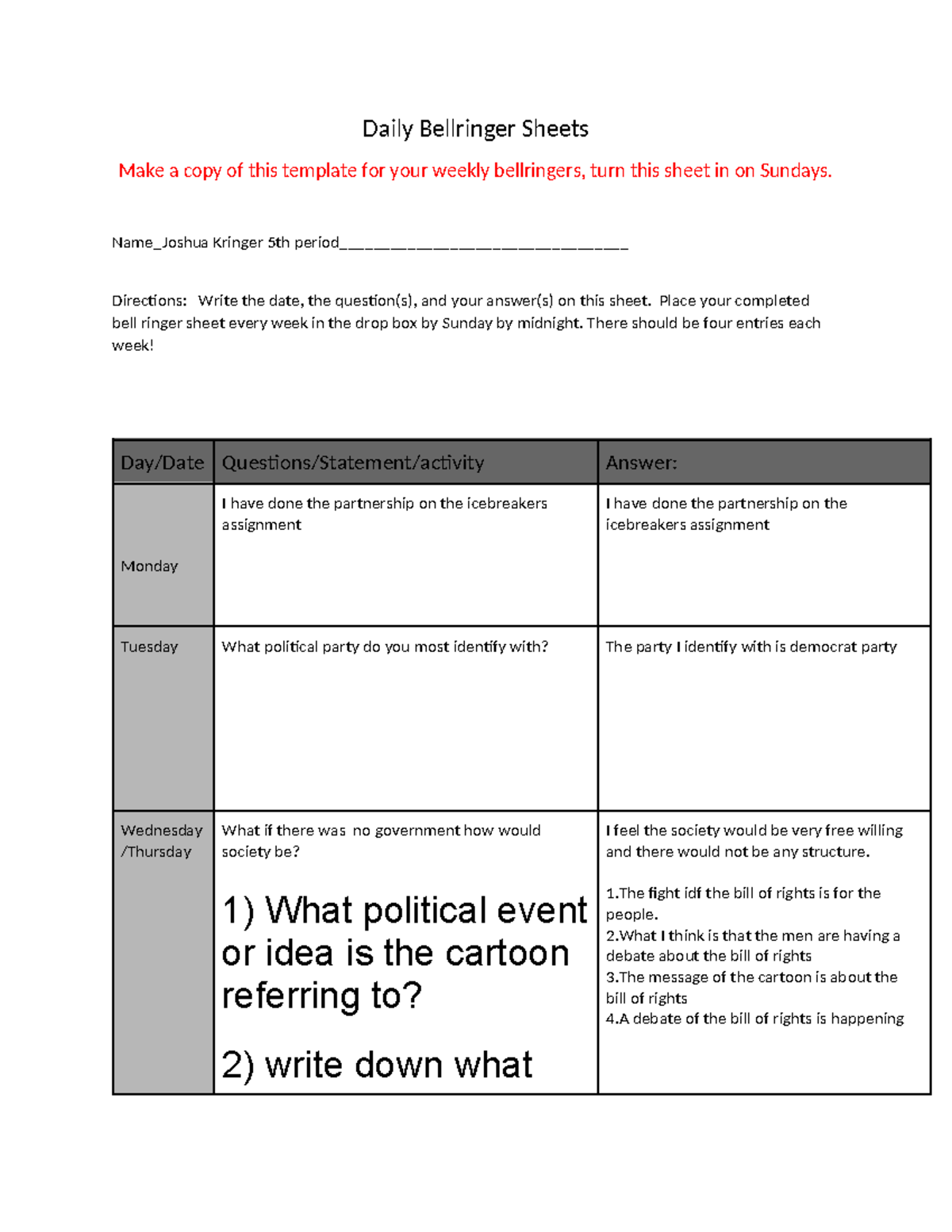 1.1 World history - Daily Bellringer Sheets Make a copy of this ...