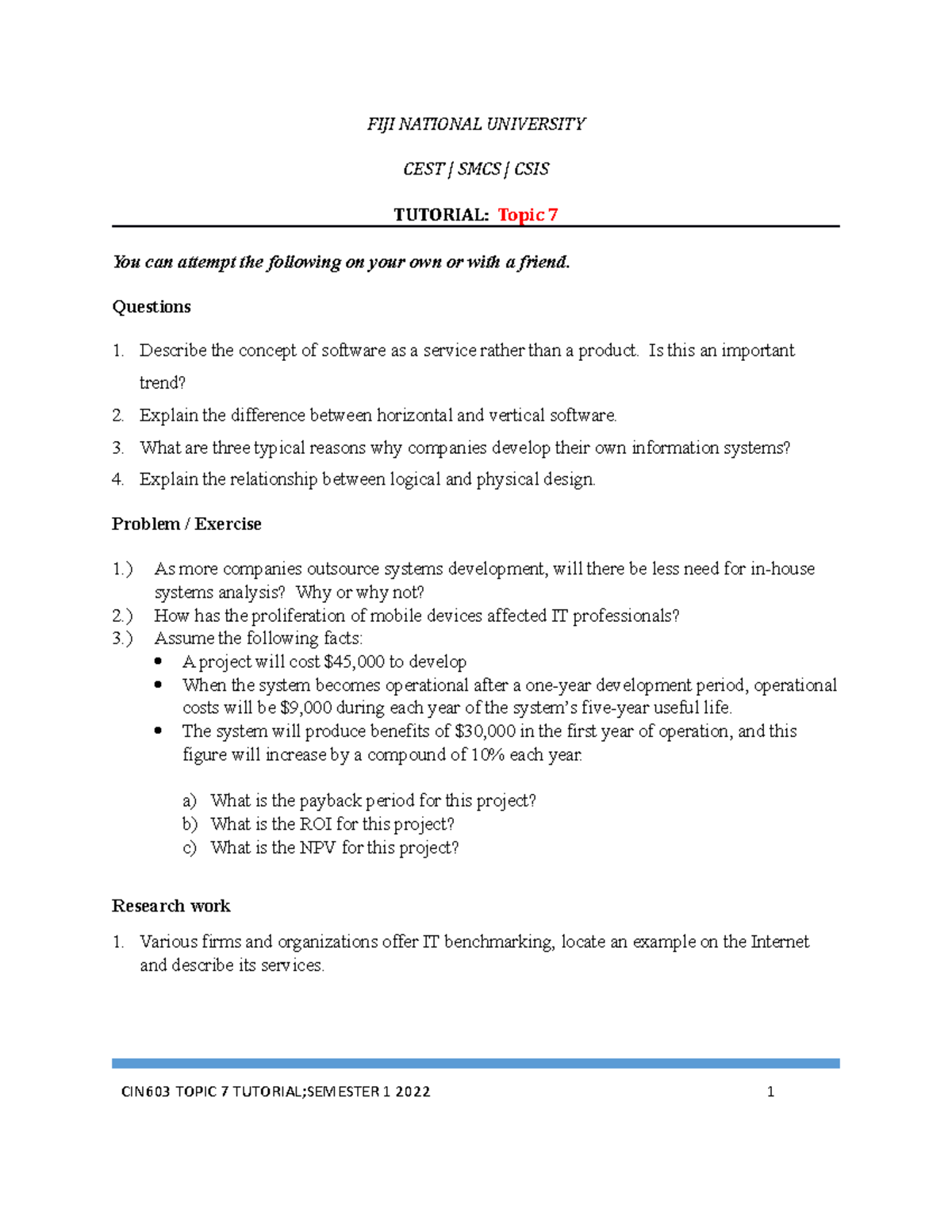 Topic 7 Tutorial Questions - FIJI NATIONAL UNIVERSITY CEST | SMCS ...