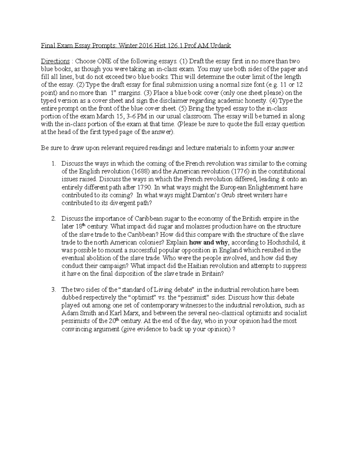 Final Prompts - Final Exam Essay Prompts: Winter 2016 Hist 126 Prof AM ...