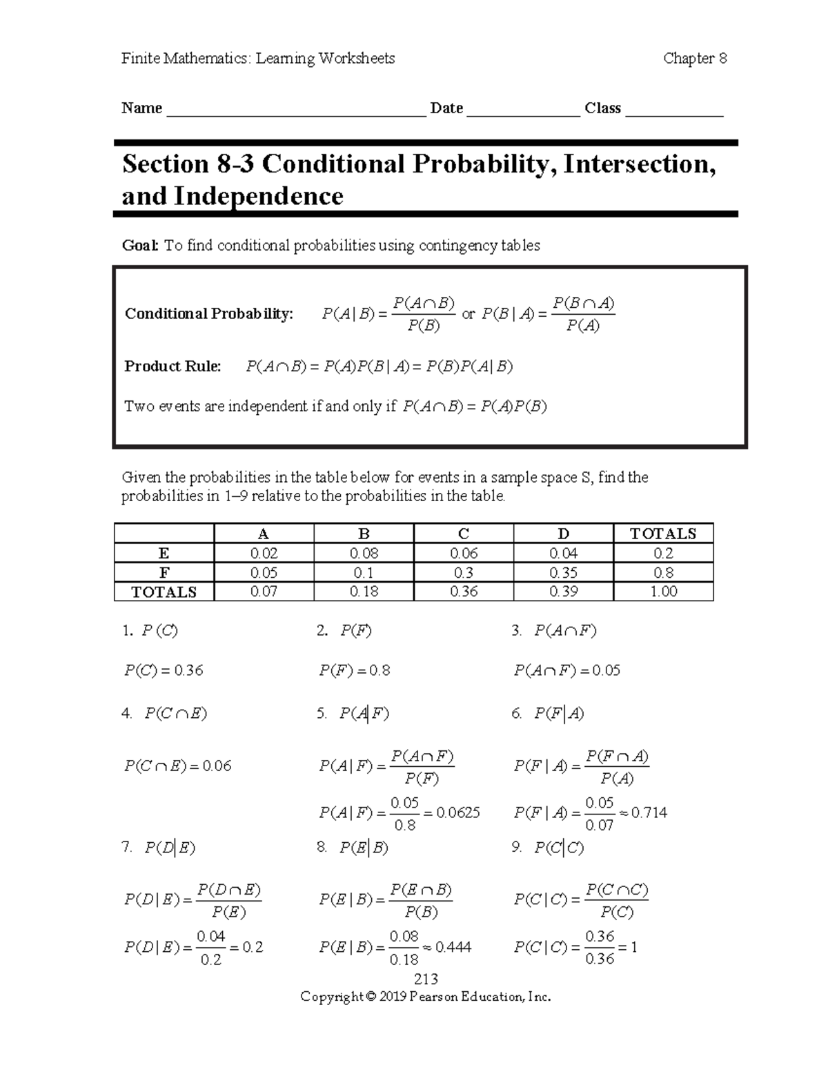 8 - Conditional Probability, Intersection, and Independence practice - Finite Mathematics ...