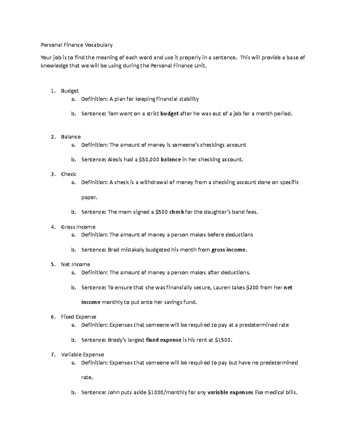 Financial Literacy Vocabulary - Personal Finance Vocabulary Your job is ...