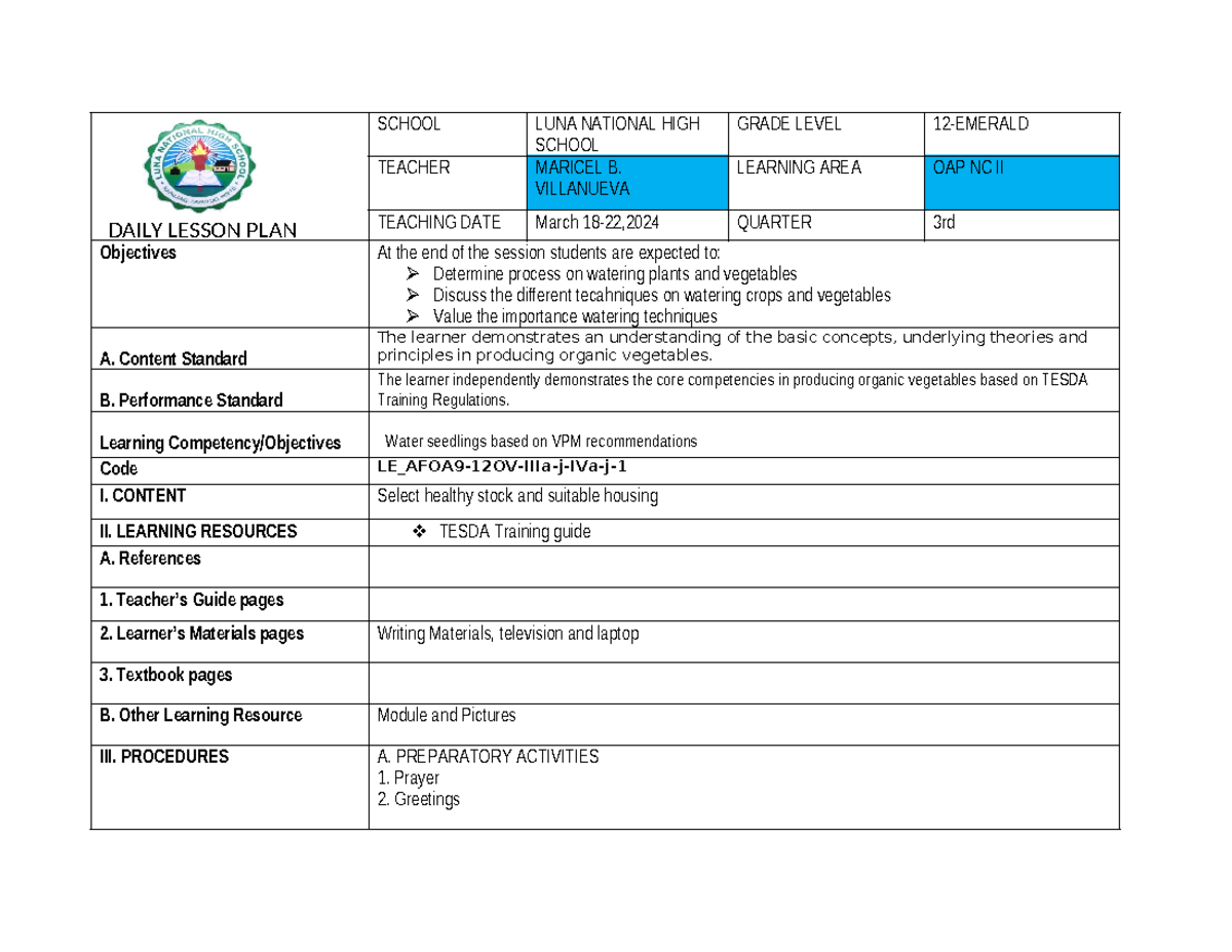 DLL OAP in 03 - DEPED DLL - SCHOOL LUNA NATIONAL HIGH SCHOOL GRADE ...