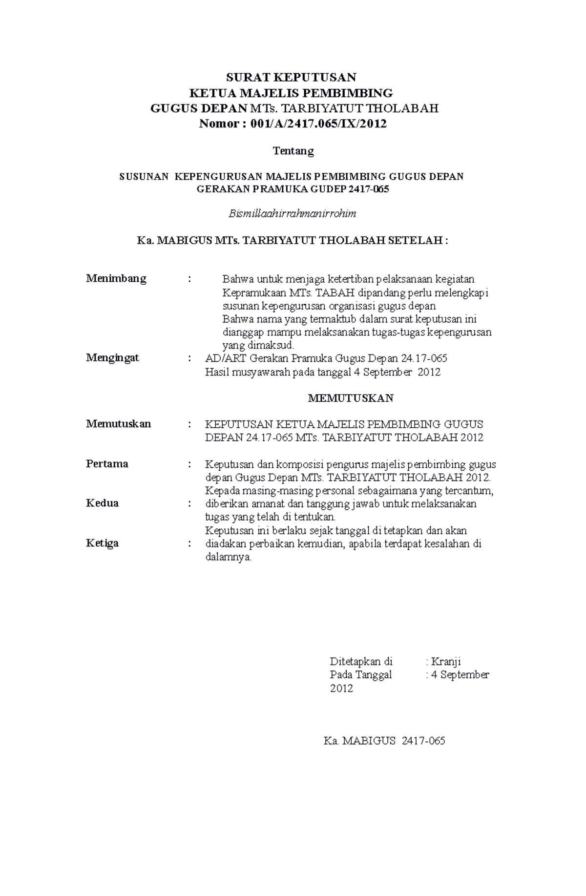 Sk personalia organisasi gudep - SURAT KEPUTUSAN KETUA MAJELIS ...