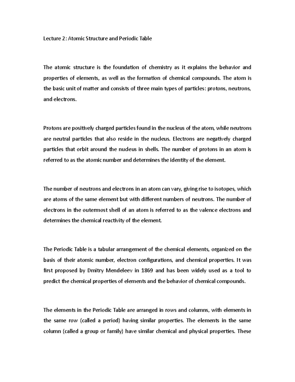 Lecture 2 - Chemistry - Lecture 2: Atomic Structure and Periodic Table The atomic structure is ...