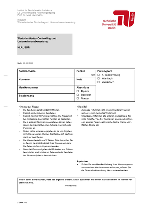 WOC Zusammenfassung Wertorientierte Kennzahlen (EVA, ROCE) - EVA ...