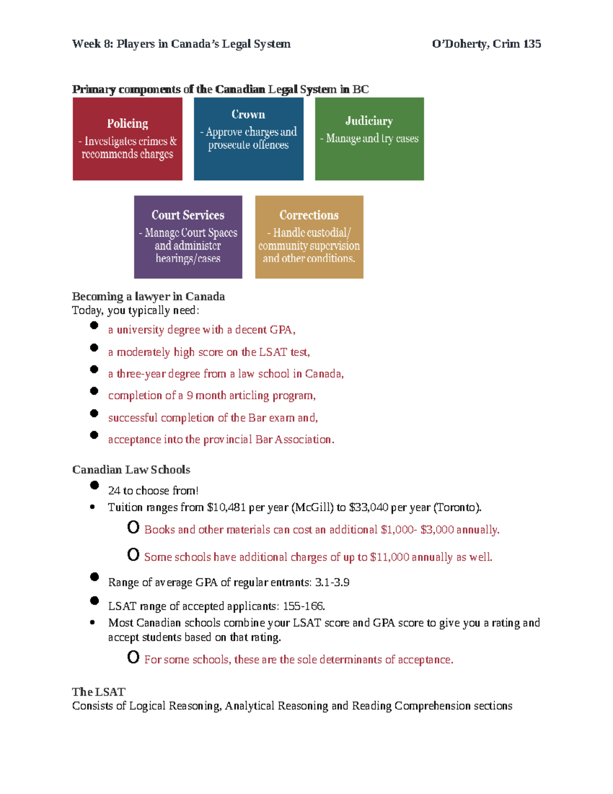 Week 8 (Crim 135 Notes) - Primary components of the Canadian Legal ...