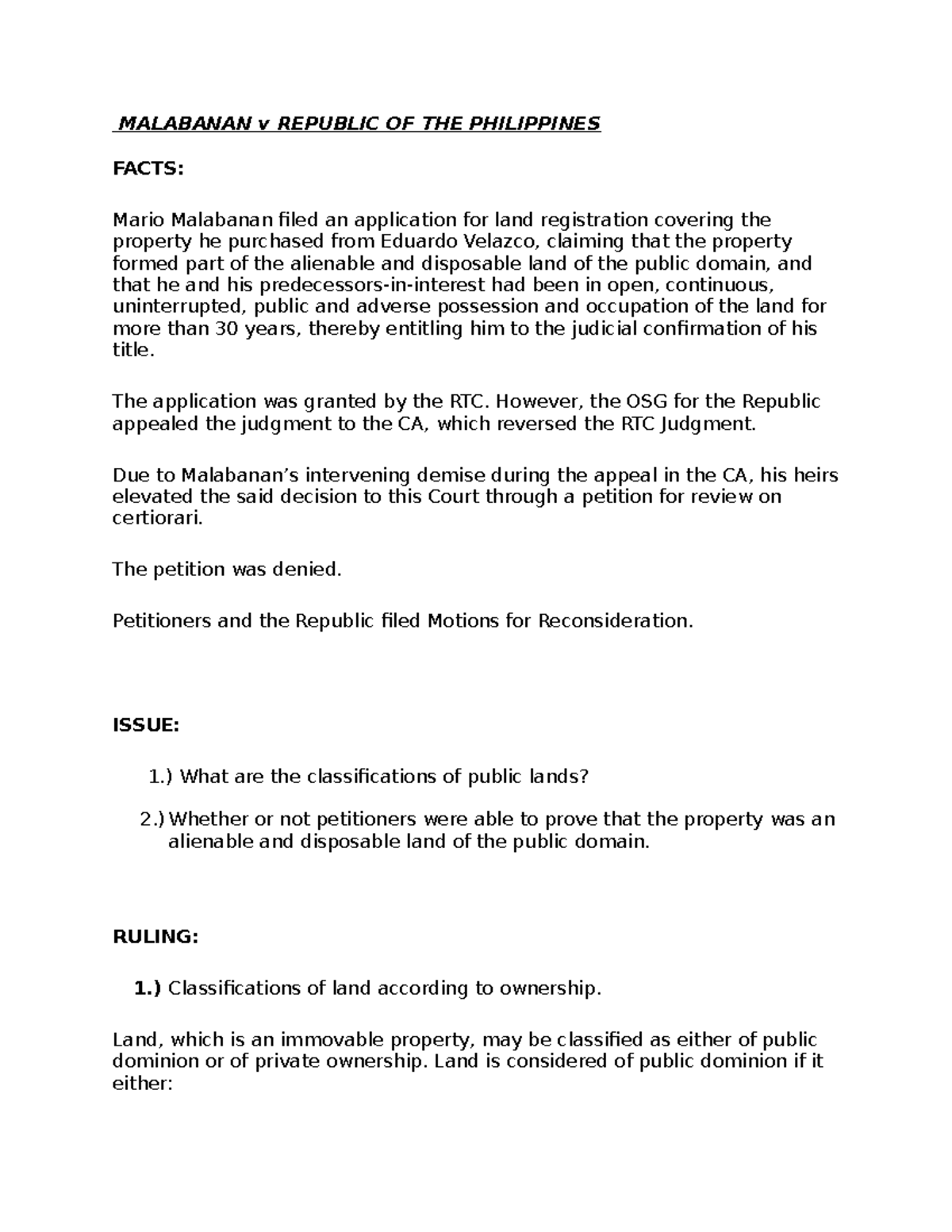 Natres - education - MALABANAN v REPUBLIC OF THE PHILIPPINES FACTS ...