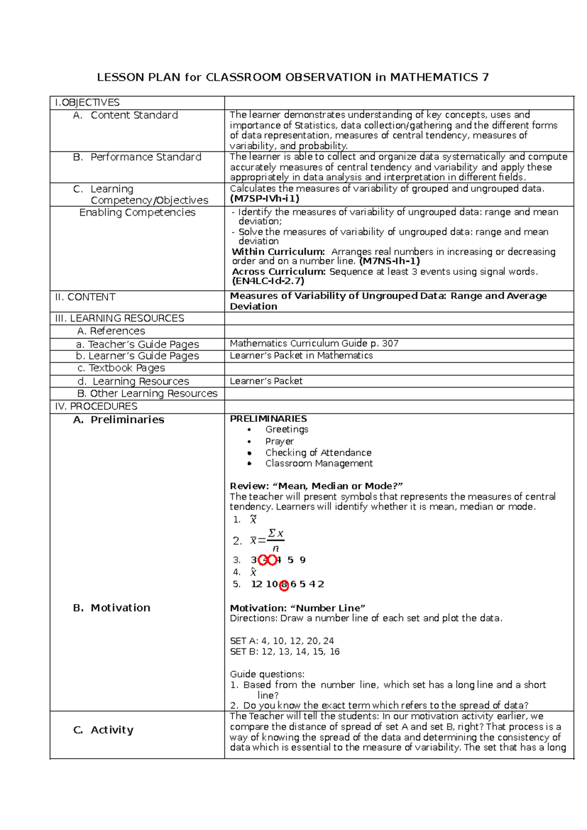 Math 7 Lesson Plan for Classroom Observation - LESSON PLAN for ...