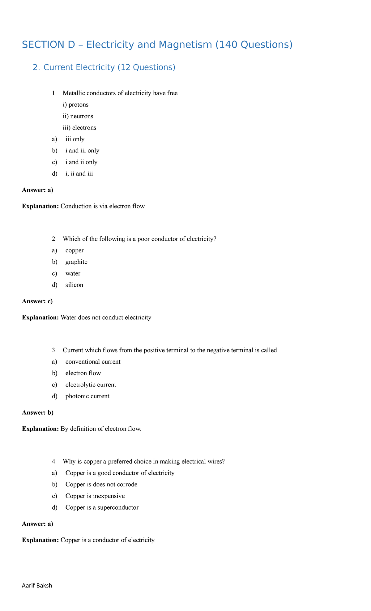 Physics D2 - Practice questions and answers on Electricity and ...