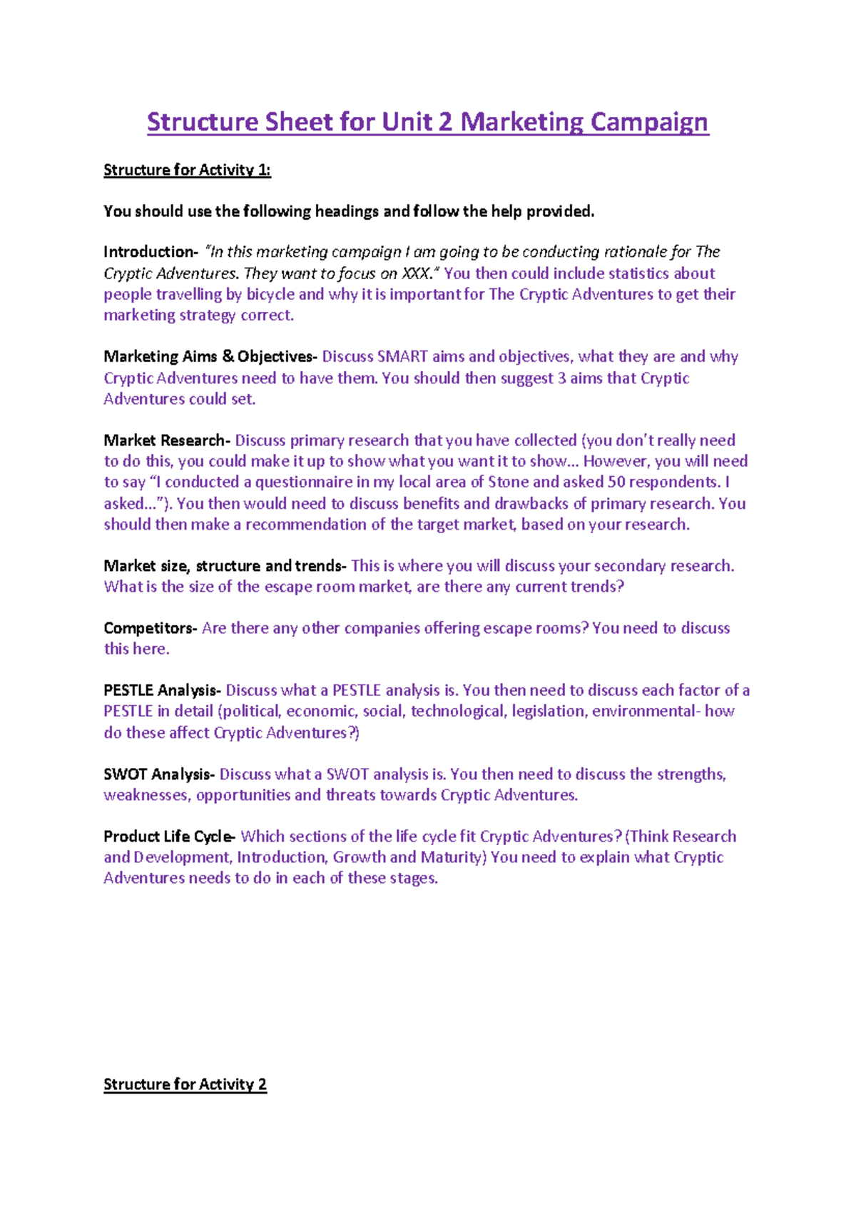 Bridging project structure sheet for unit 2 marketing campaign ...