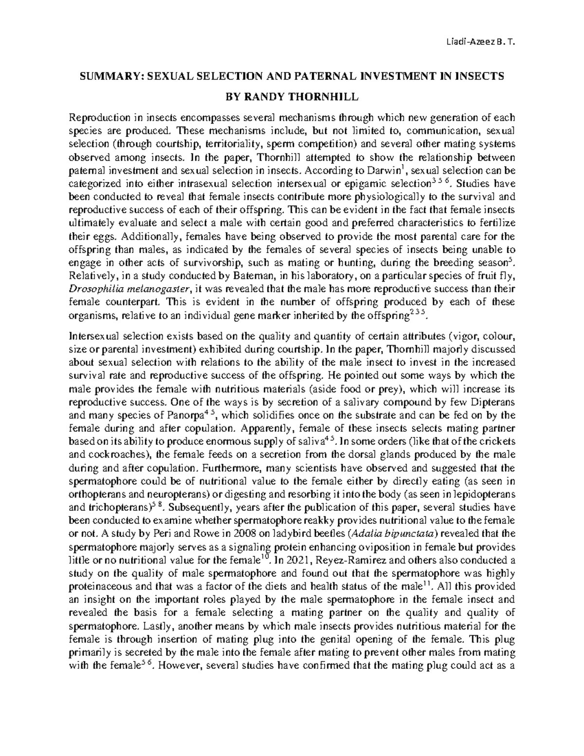 Sexual Selection in Insects - Liadi-Azeez B. T. SUMMARY: SEXUAL ...