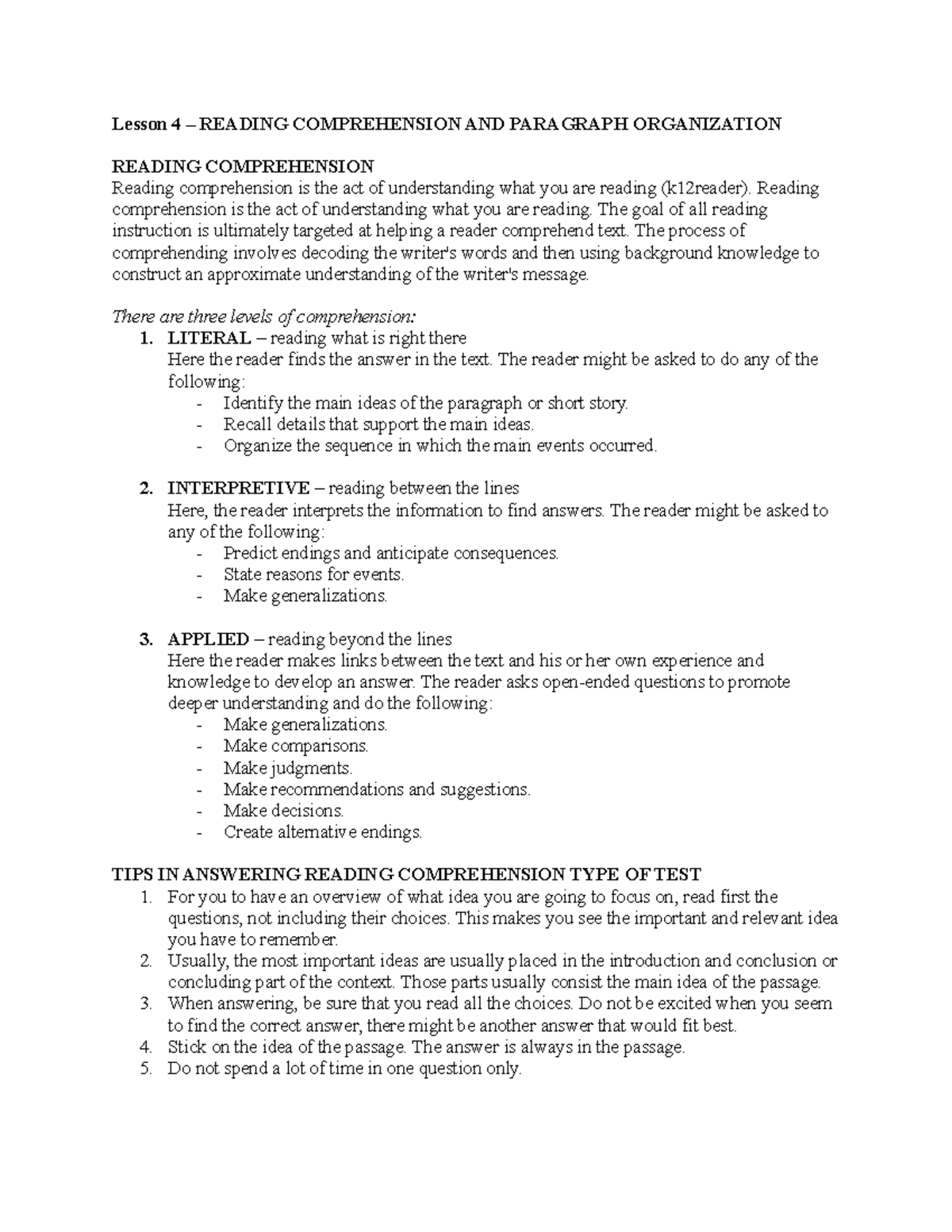 Lesson 4 - Reading Comprehension and Paragraph Organization - Lesson 4 ...