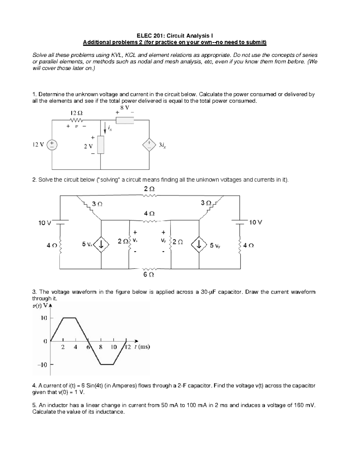 Additional problems 2 - Lecture notes - ELEC 201: Circuit Analysis I ...