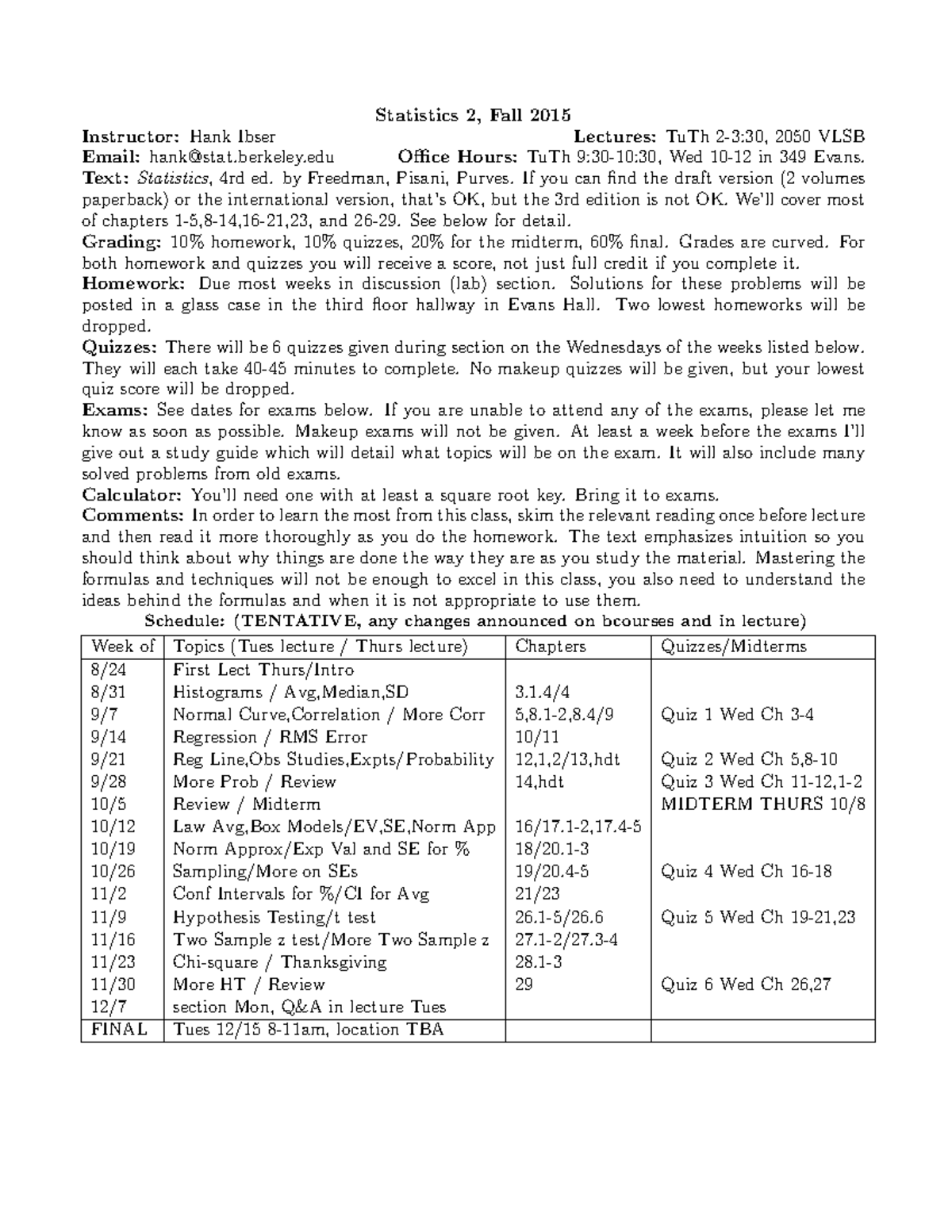 Stat2Syllabus Fall 15 - Syllabus - Statistics 2, Fall 2015 Instructor ...