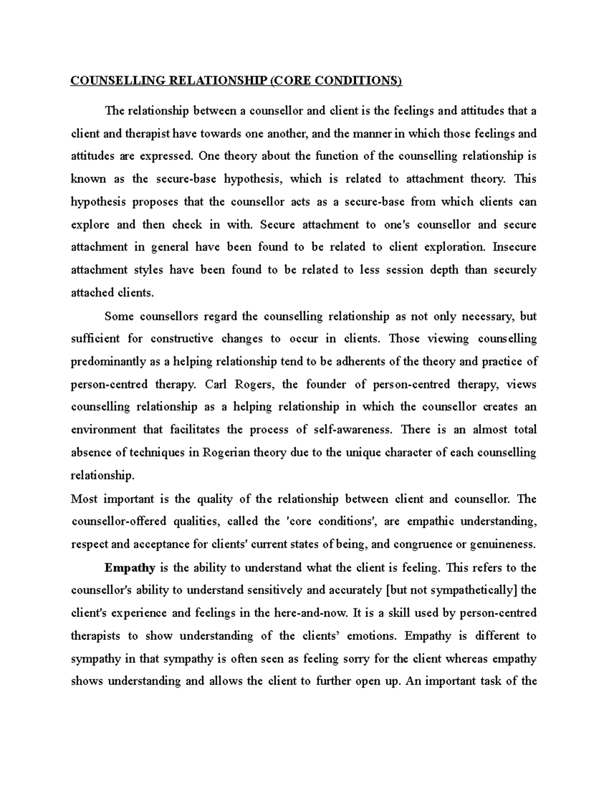 Core conditions of counselling - COUNSELLING RELATIONSHIP (CORE ...